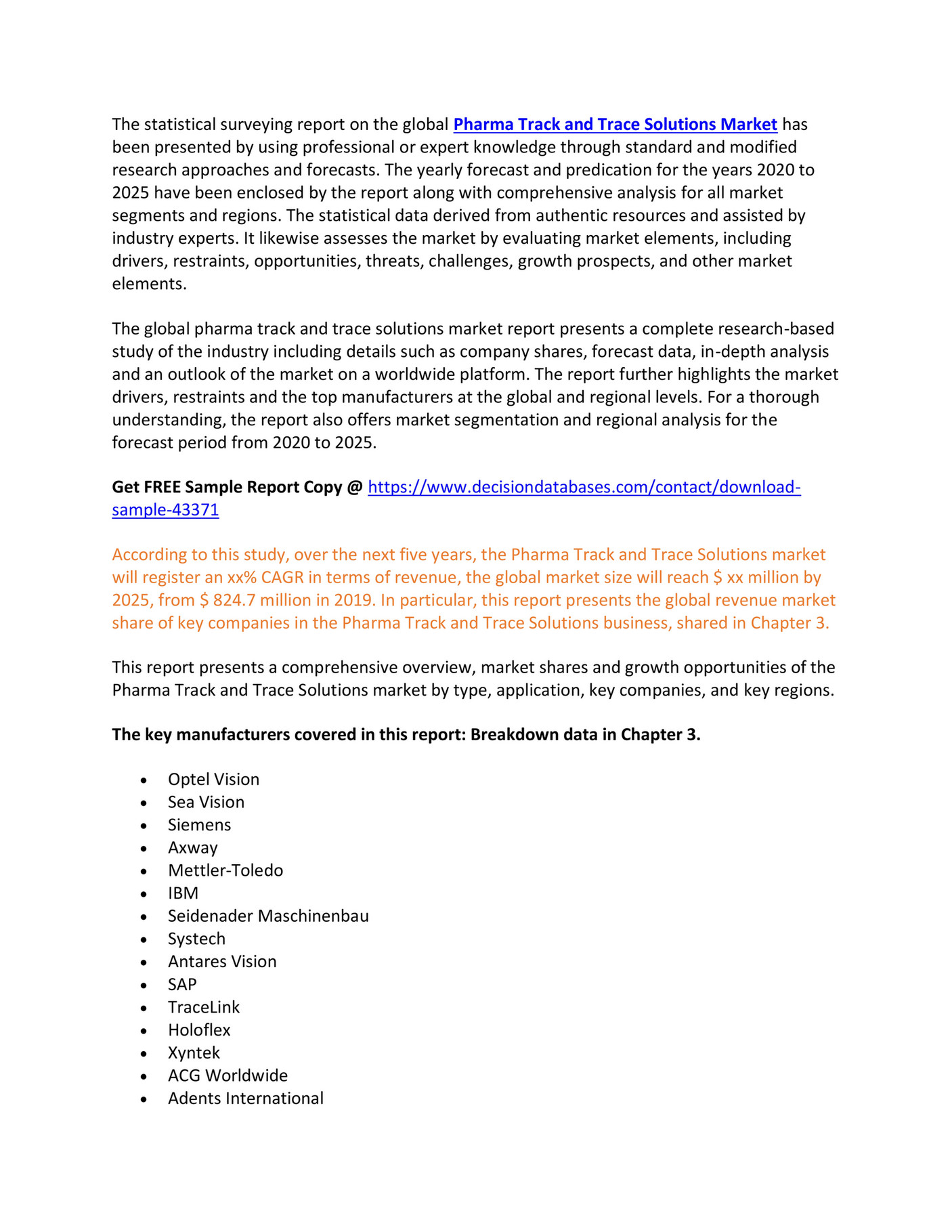 Pharma Track and Trace Solutions Market Report From 2020 To 2025 - Page ... Pharma Track and Trace Solutions Market Report From 2020 To 2025 - Page ...