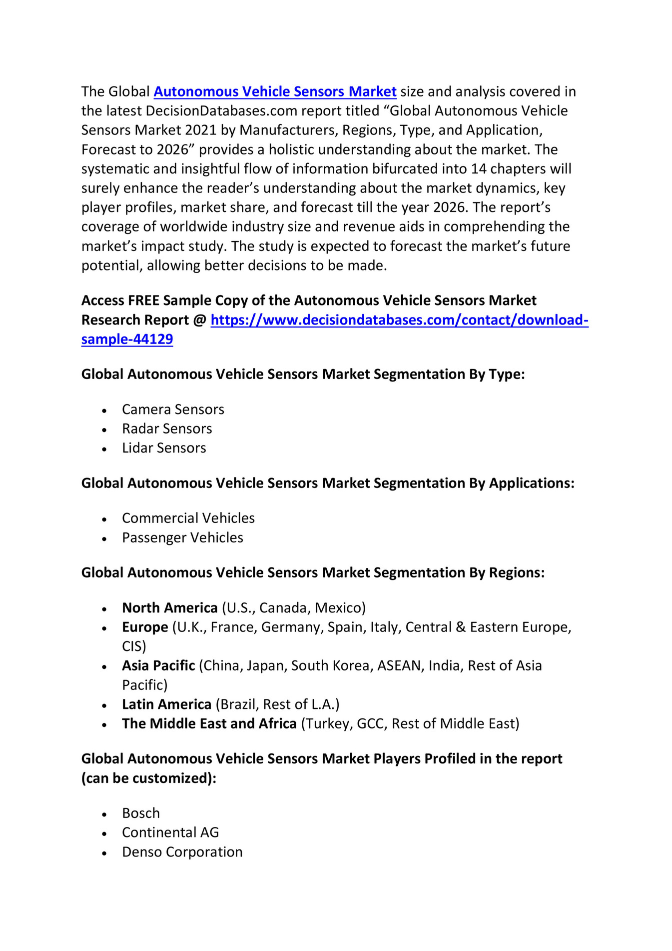 Autonomous Vehicle Sensors Market Research Report From 2021 To 2026 ...