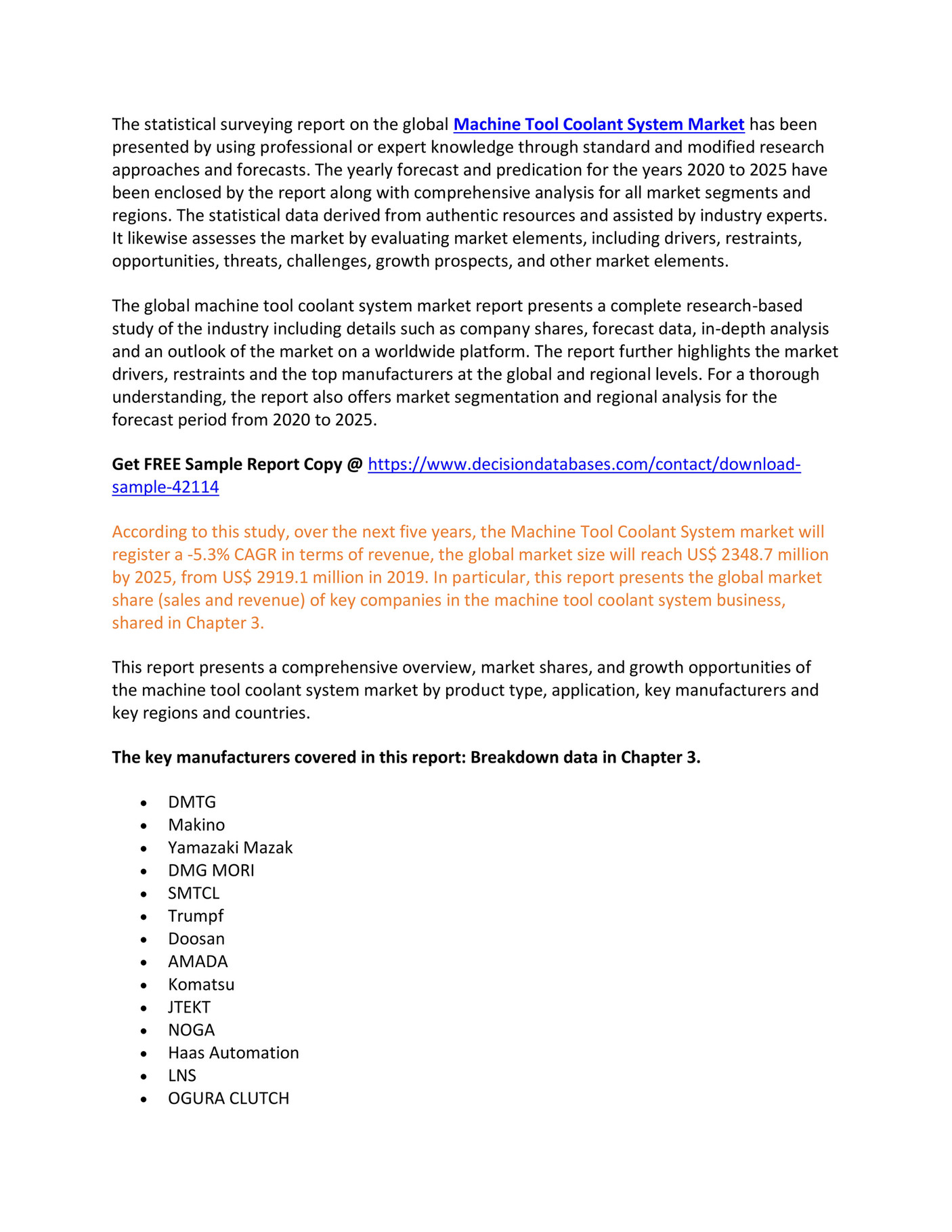 Machine Tool Coolant System Market Manufacturers Analysis Report From ...