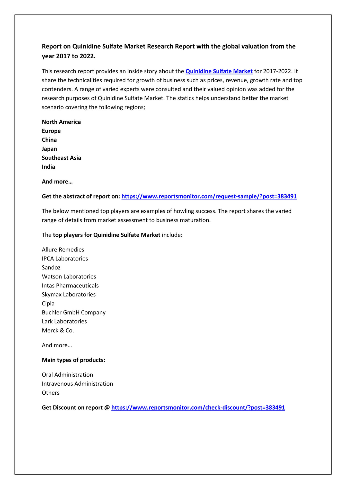 Reports Monitor - Quinidine Sulfate Market Share Analysis Report 2017 ... Reports Monitor - Quinidine Sulfate Market Share Analysis Report 2017 ...