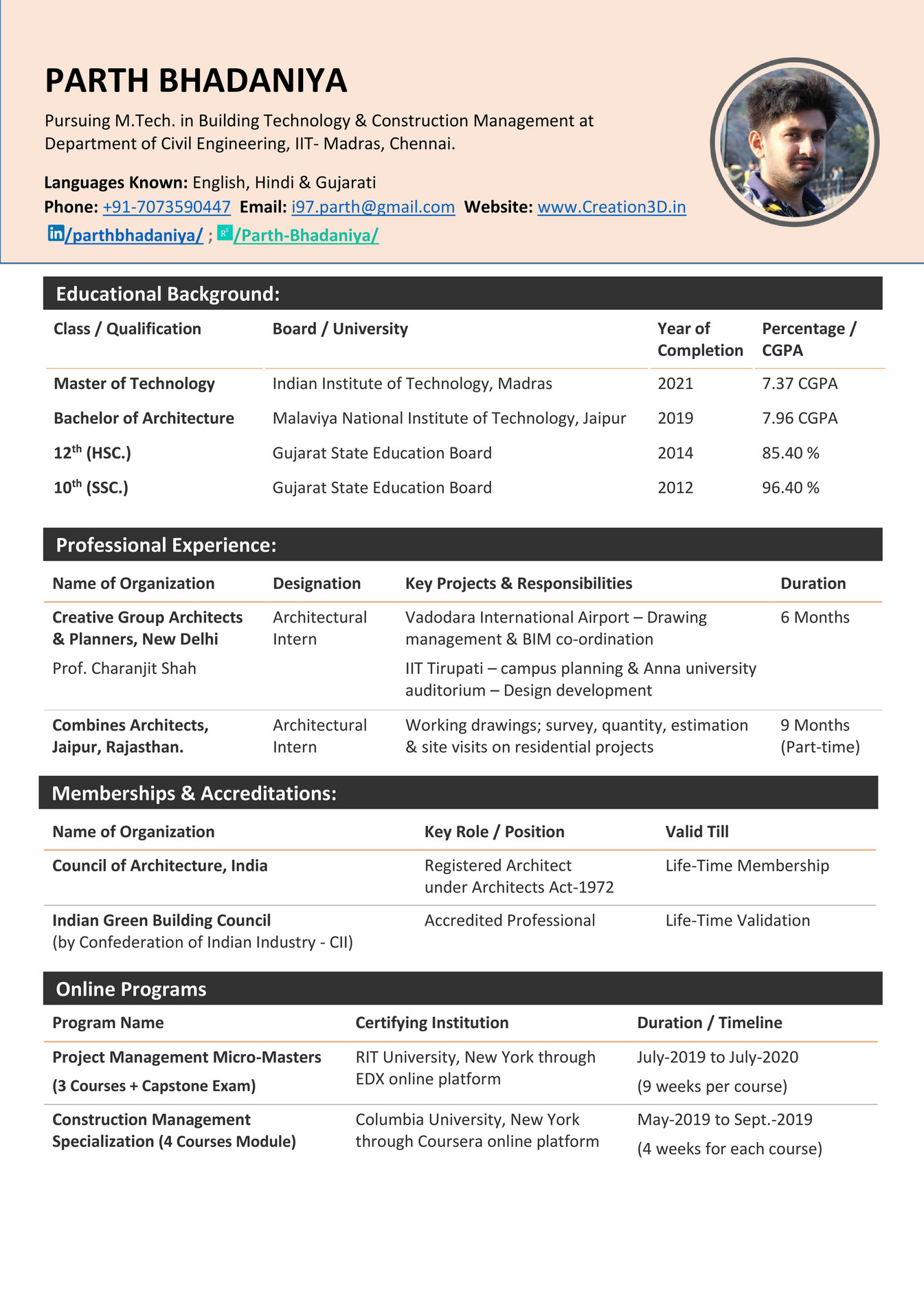 PARTH BHADANIYA Curriculum Vitae - Page 1 - Created with Publitas.com