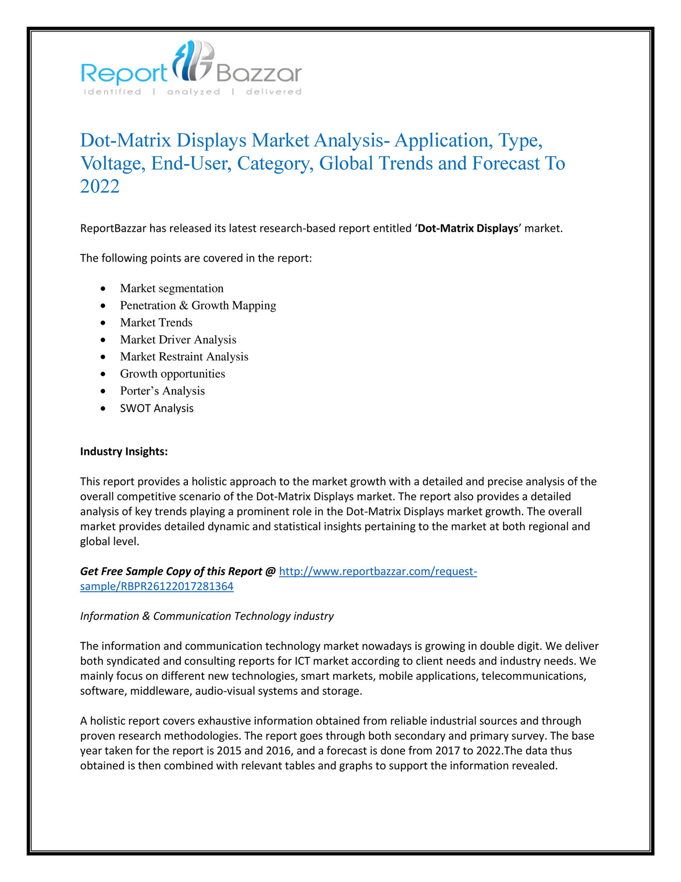 Reportbazzar - Dot-Matrix Displays Market to Witness a Pronounce Growth ...