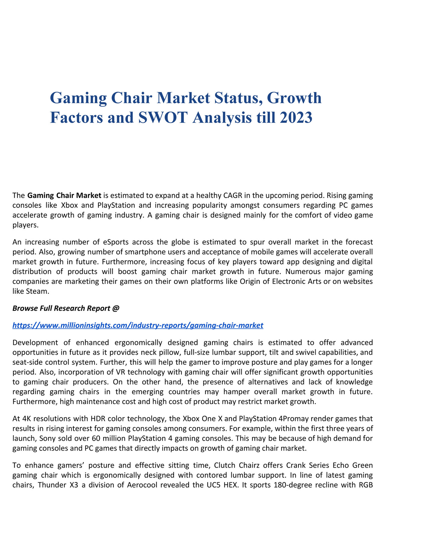 Million Insights - Gaming Chair Market Status, Growth Factors and SWOT ...