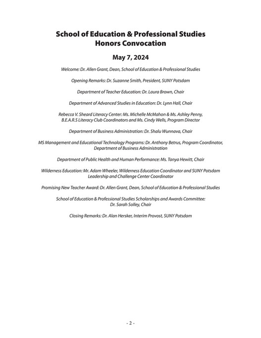 SUNY Potsdam - School of Education & Professional Studies 2024 Honors Convocation - Page 2-3 ...