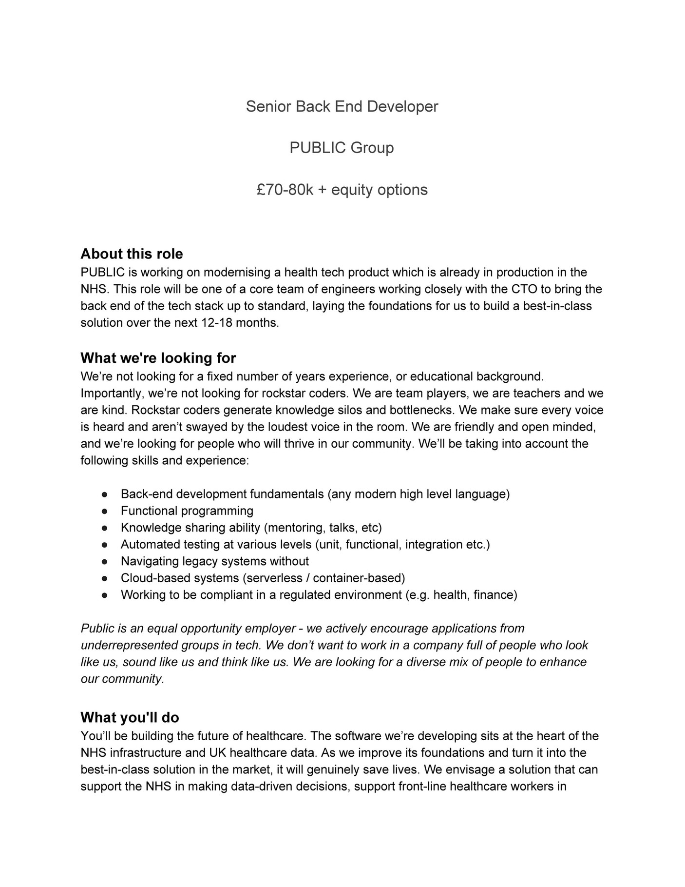 Public - PUBLIC TECH - Senior Back End Developer Job Description - Page ...