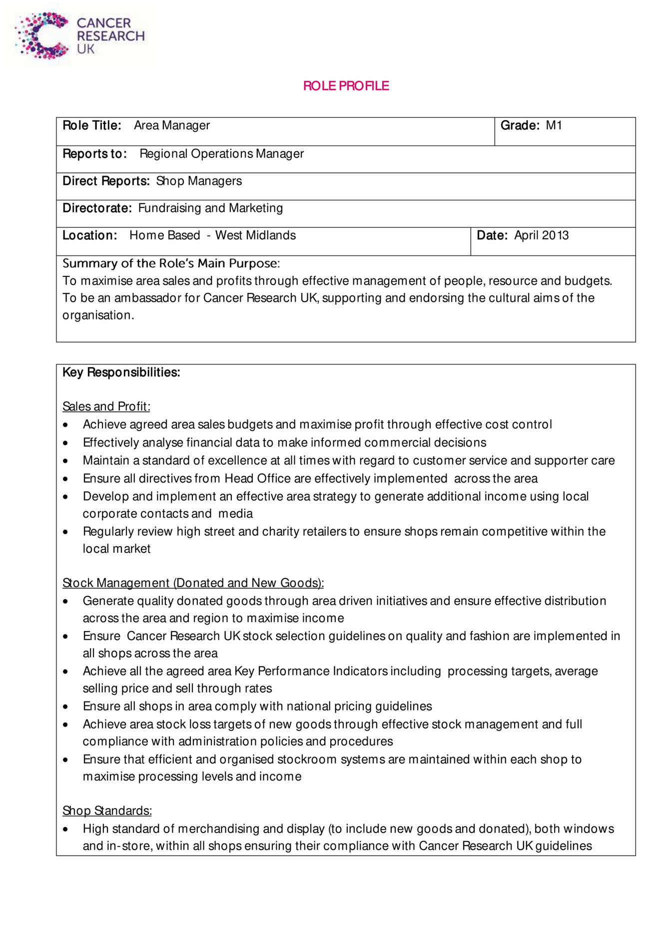 Cancer Research UK - Area Manager role profile updated - Page 1 ...