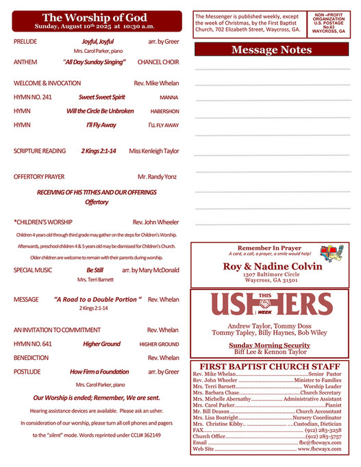 First Baptist Church Waycross, GA - The Messenger, Sunday, August 10th ...