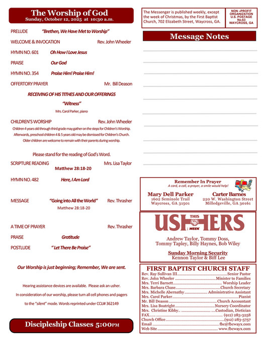 First Baptist Church Waycross, GA - The Messenger, Sunday, October 12th ...