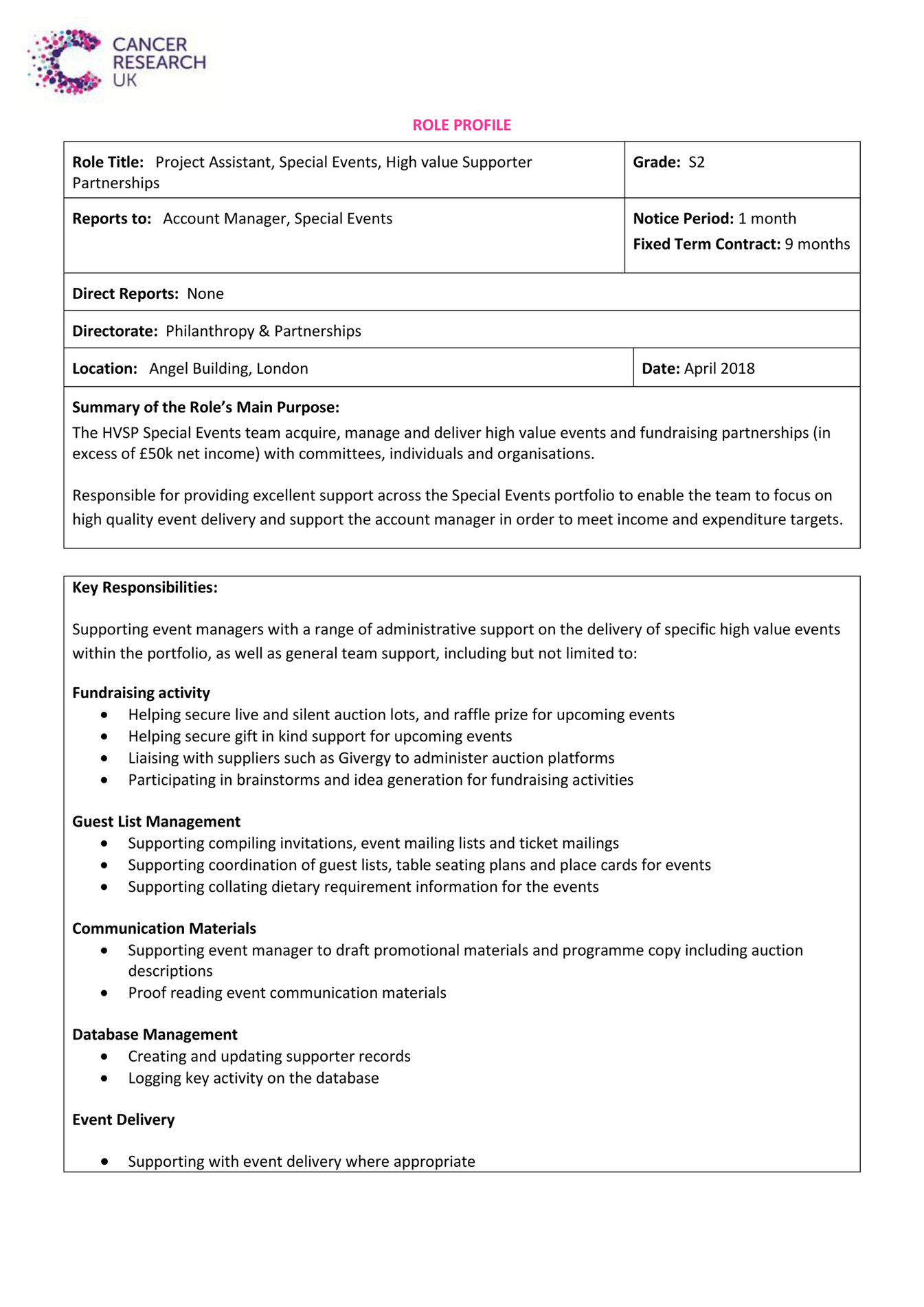 Cancer Research UK - Project Assistant Role Profile - Page 1 - Created ...