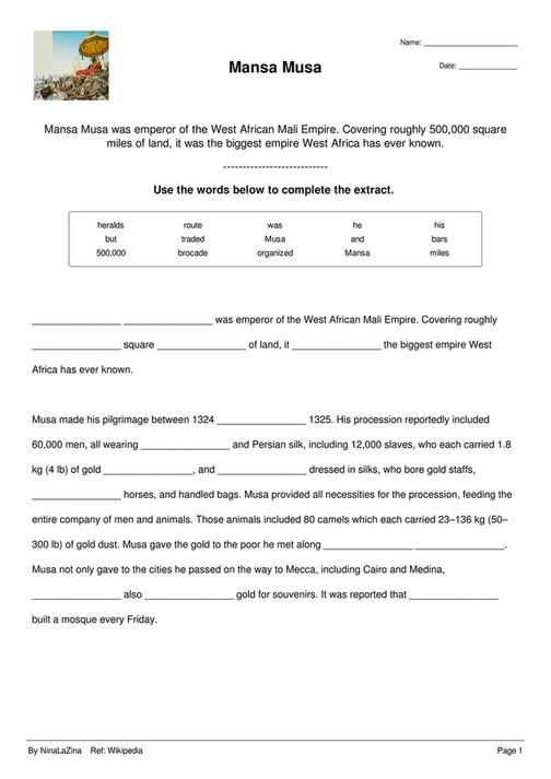 Mansa Musa Free Worksheet Comprehension - Page 2 - Created with ...