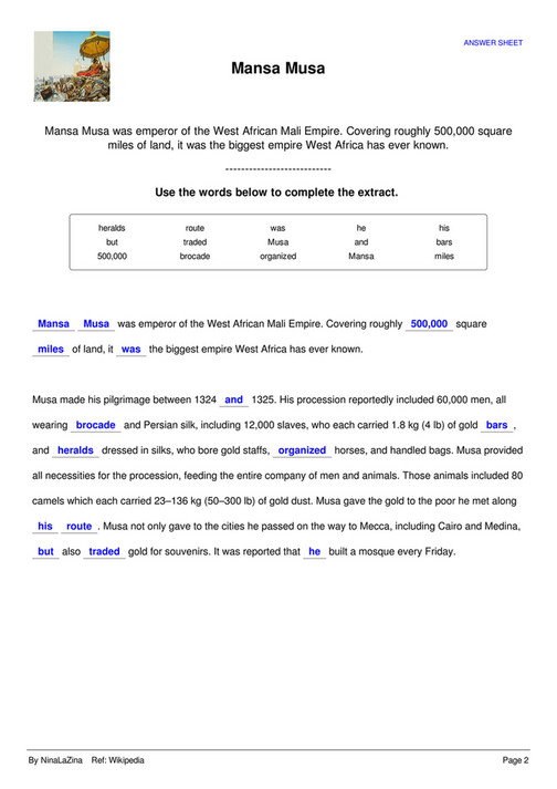 Mansa Musa Free Worksheet Comprehension - Page 3 - Created with ...