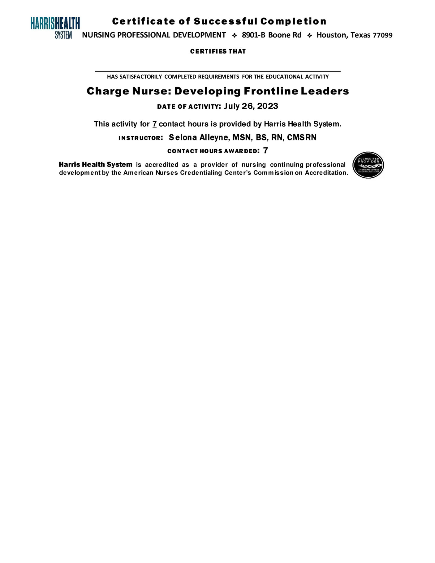 Harris Health System - CNE Certificate Charge Nurse 07.26.23 - Page 1 ...