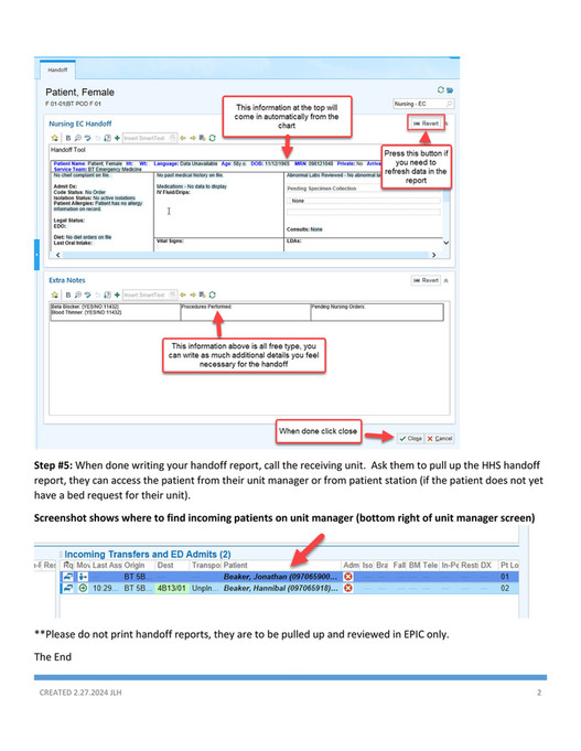 Harris Health System - Epic Tip Sheet EC to Inpatient Handoff Tool ...