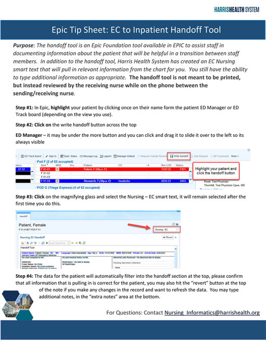 Harris Health System - Epic Tip Sheet EC to Inpatient Handoff Tool ...