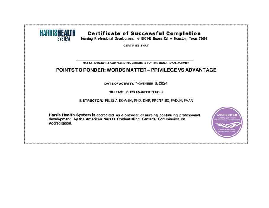 Harris Health System - Nursing Contact Hours certificate PTP-Words ...