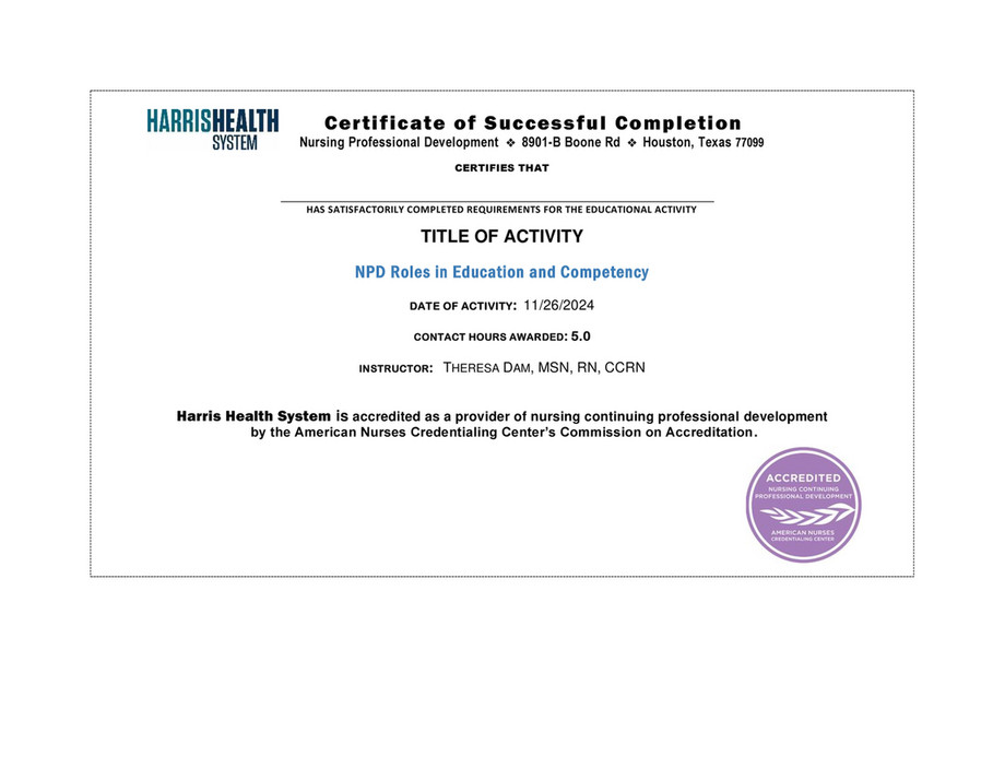 Harris Health System - Nursing Contact Hours certificate_NPD Roles in ...