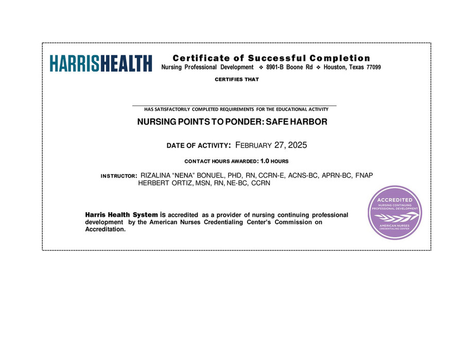 Harris Health System - 2.27.2025 Nursing Contact Hours certificate ...