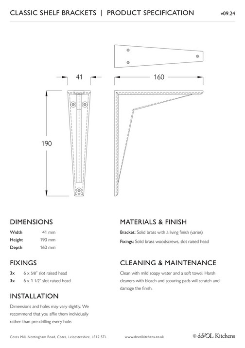 deVOL Kitchens - Classic Shelf Bracket - UK Product Specification - Page 1