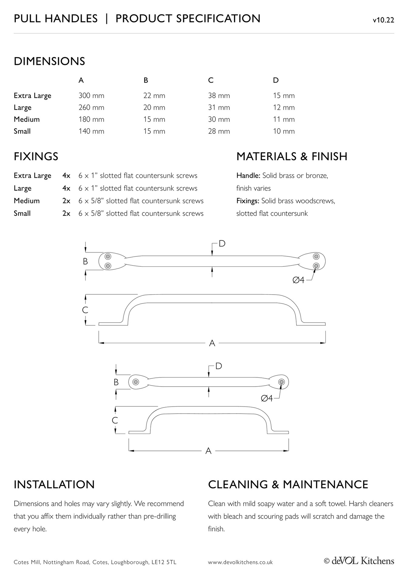 deVOL Kitchens - Pull Handles - Product Specification - Page 1