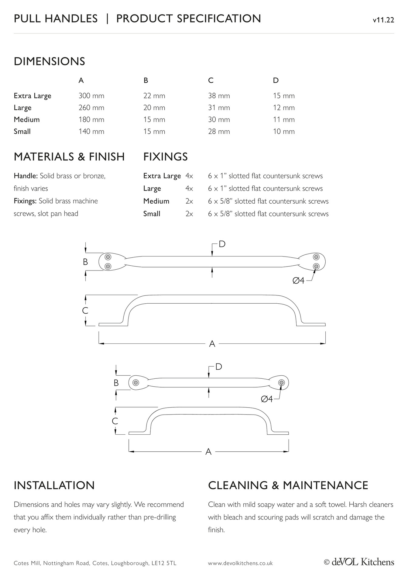 deVOL Kitchens - Pull Handles - Product Specification - Page 1
