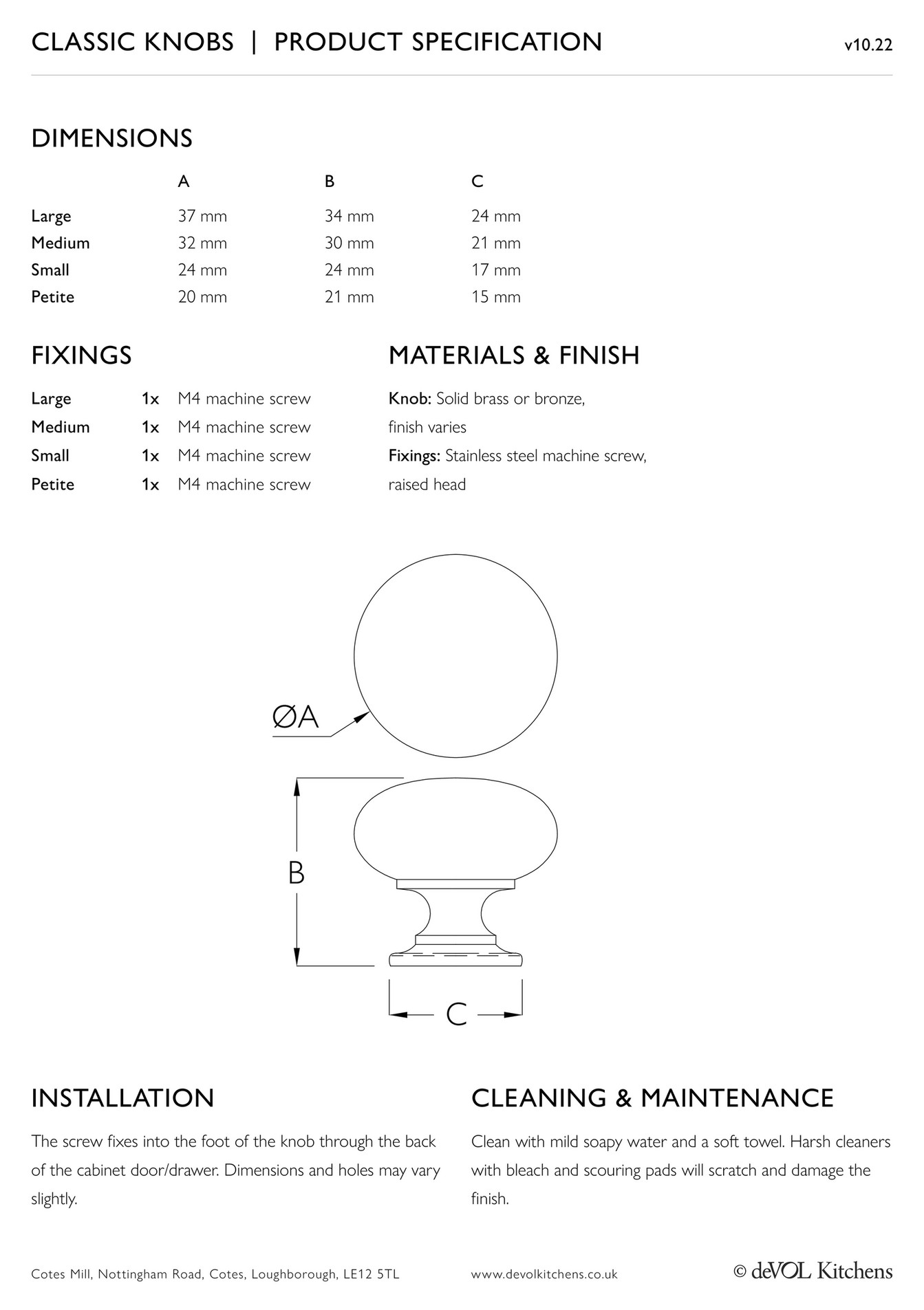 deVOL Kitchens - Classic Knobs - Product Specification - Page 1