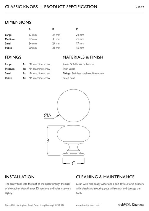 deVOL Kitchens - Classic Knobs - Product Specification - Page 1