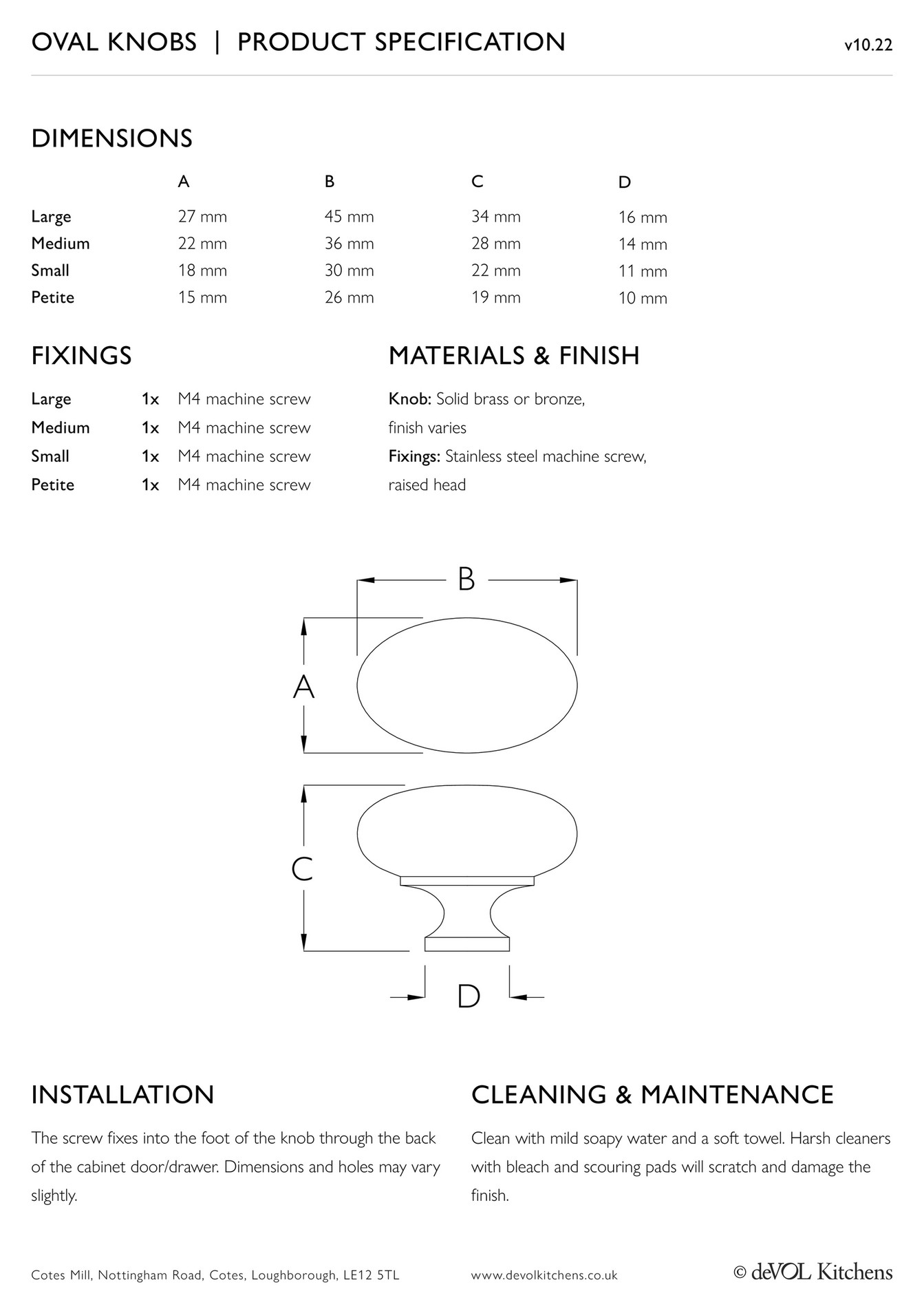 deVOL Kitchens - Oval Knobs - Product Specification - Page 1