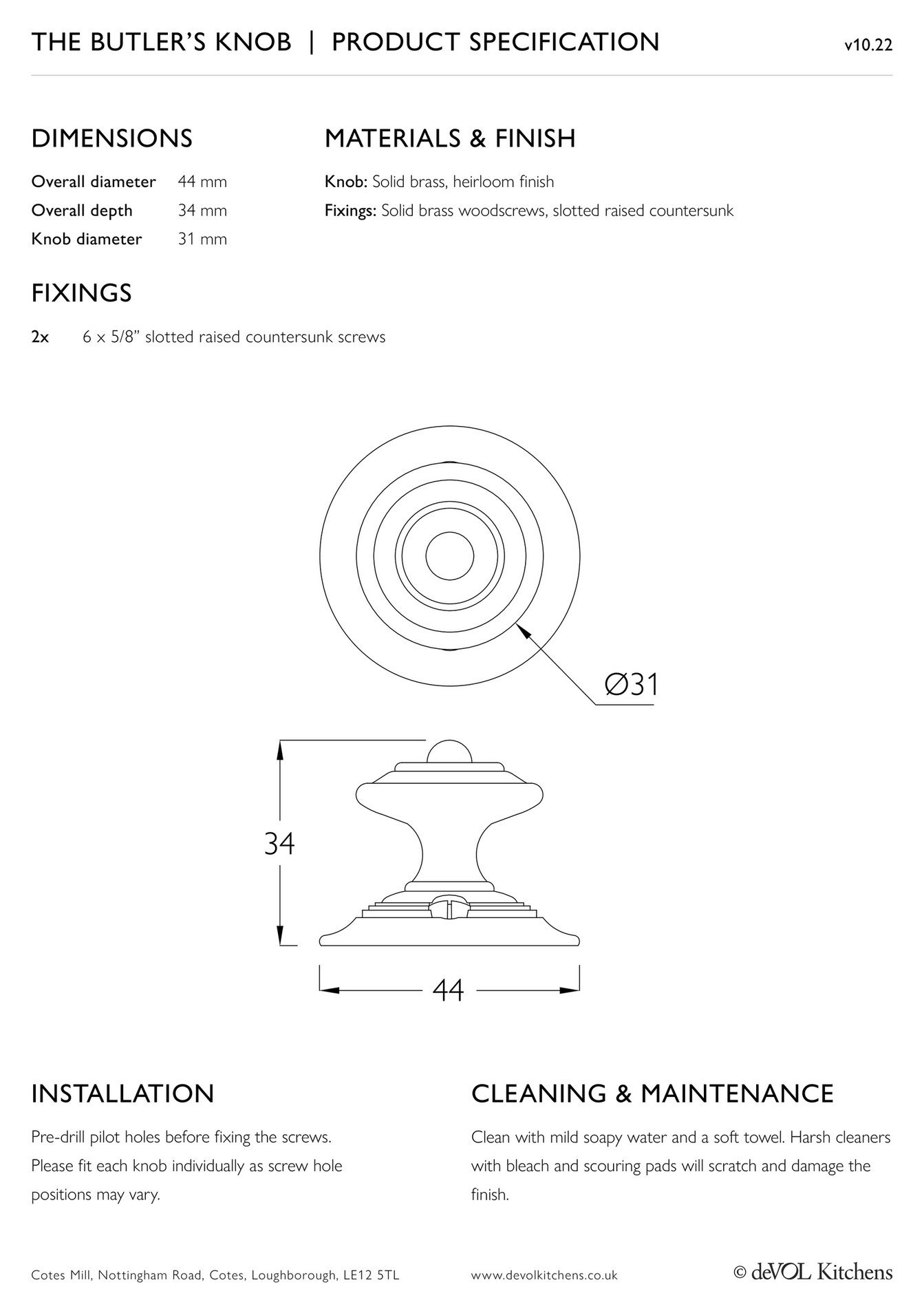 deVOL Kitchens - The Butler's Knob - Product Specification - Page 1