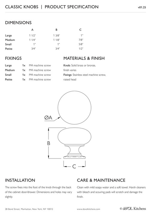 deVOL Kitchens - Classic Knobs - Product Specification - Page 1