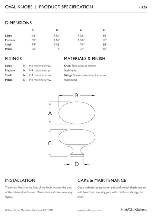 deVOL Kitchens - Oval Knobs - Product Specification - Page 1
