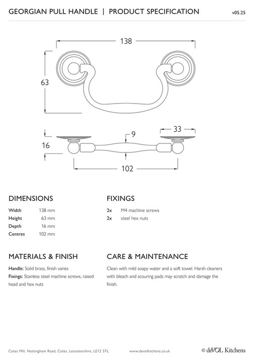 deVOL Kitchens - Georgian Pull Handle - Product Specification UK - Page 1