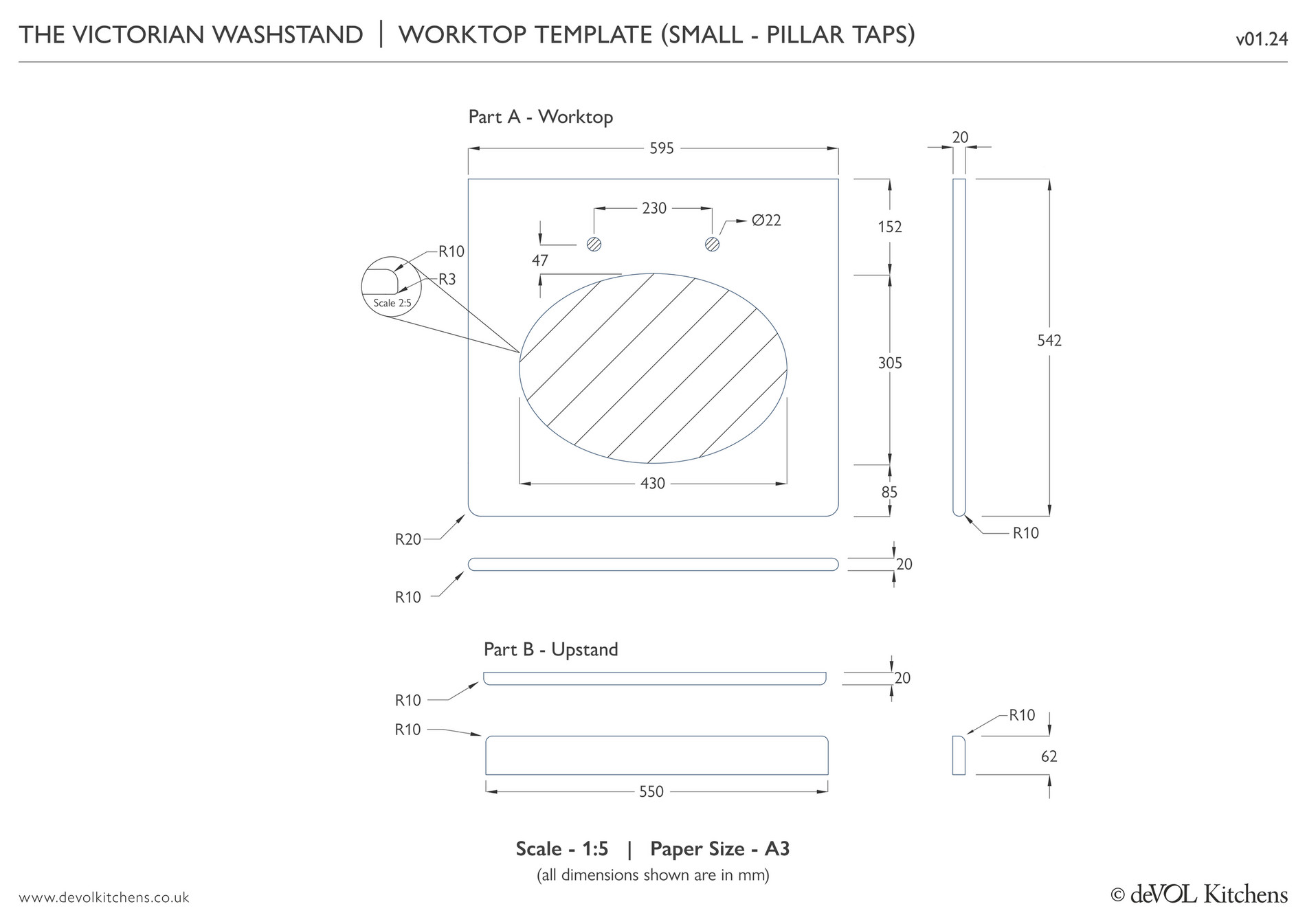 deVOL Kitchens - Worktop_Template_Small_Pillar_Taps - Page 1