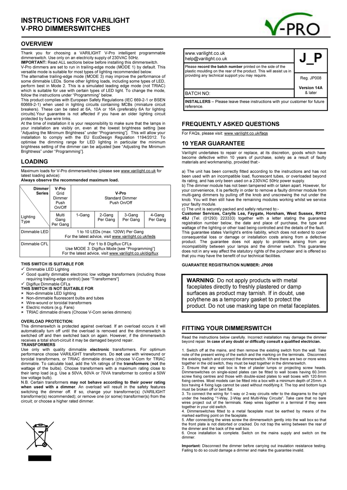 deVOL Kitchens - Dimmer Switches - Varilight V-Pro Instructions - Page 1