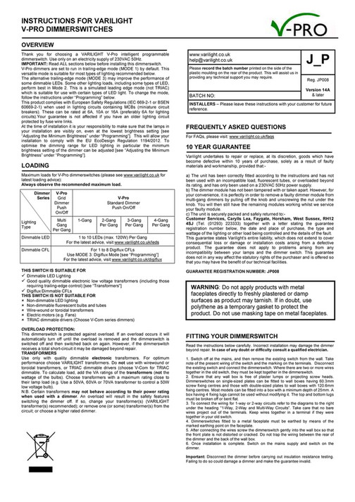 deVOL Kitchens - Dimmer Switches - Varilight V-Pro Instructions - Page 1