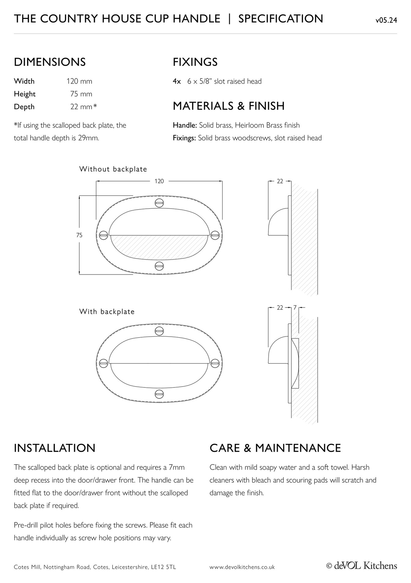 deVOL Kitchens - The Country House Cup Handle - Product Specification - Page 1