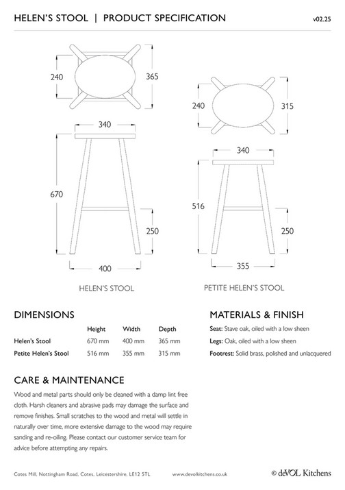 deVOL Kitchens - Helen's Stool - Product Specification - Page 1