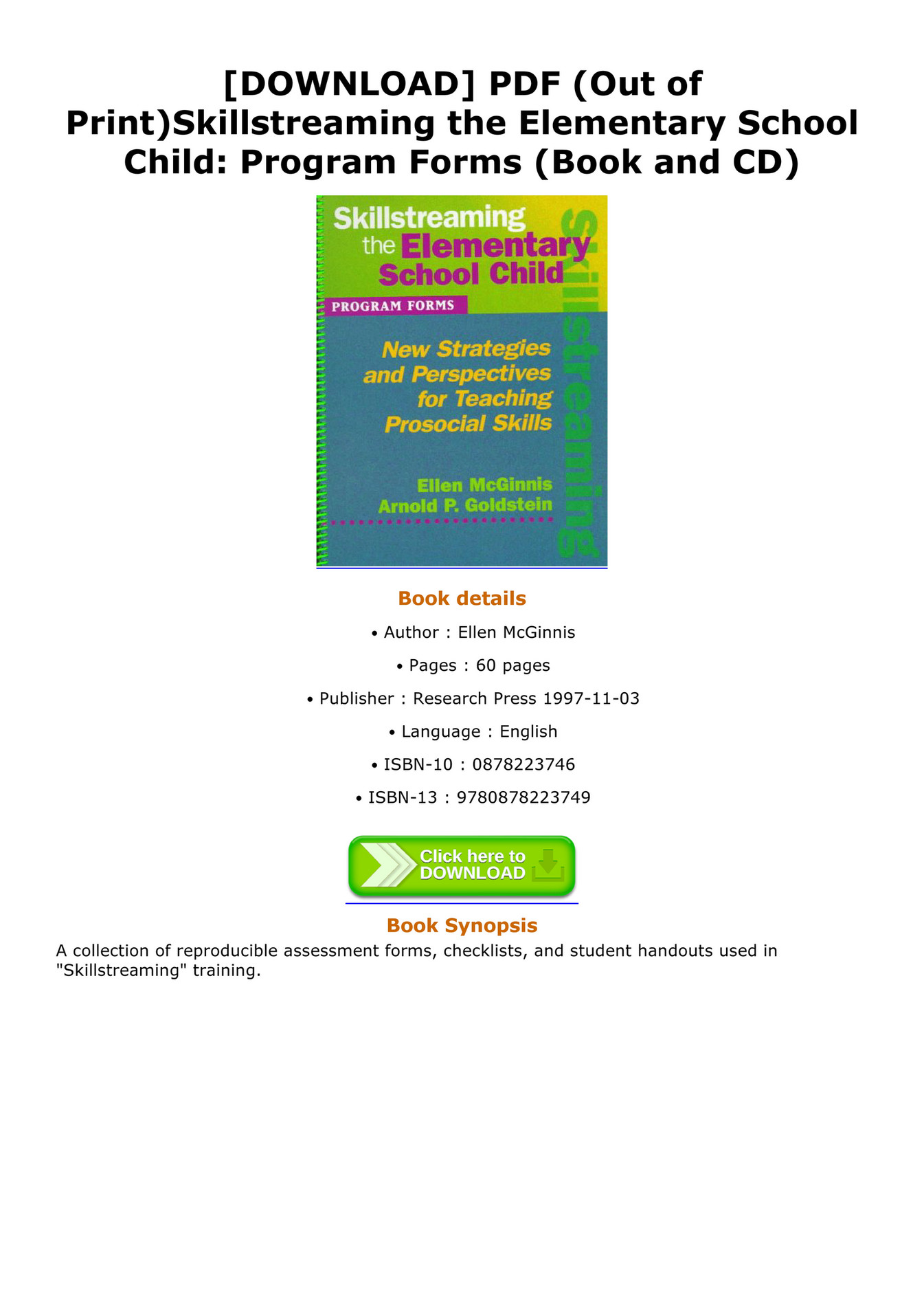 Becker - DOWNLOAD PDF Out of Print Skillstreaming the Elementary School ...