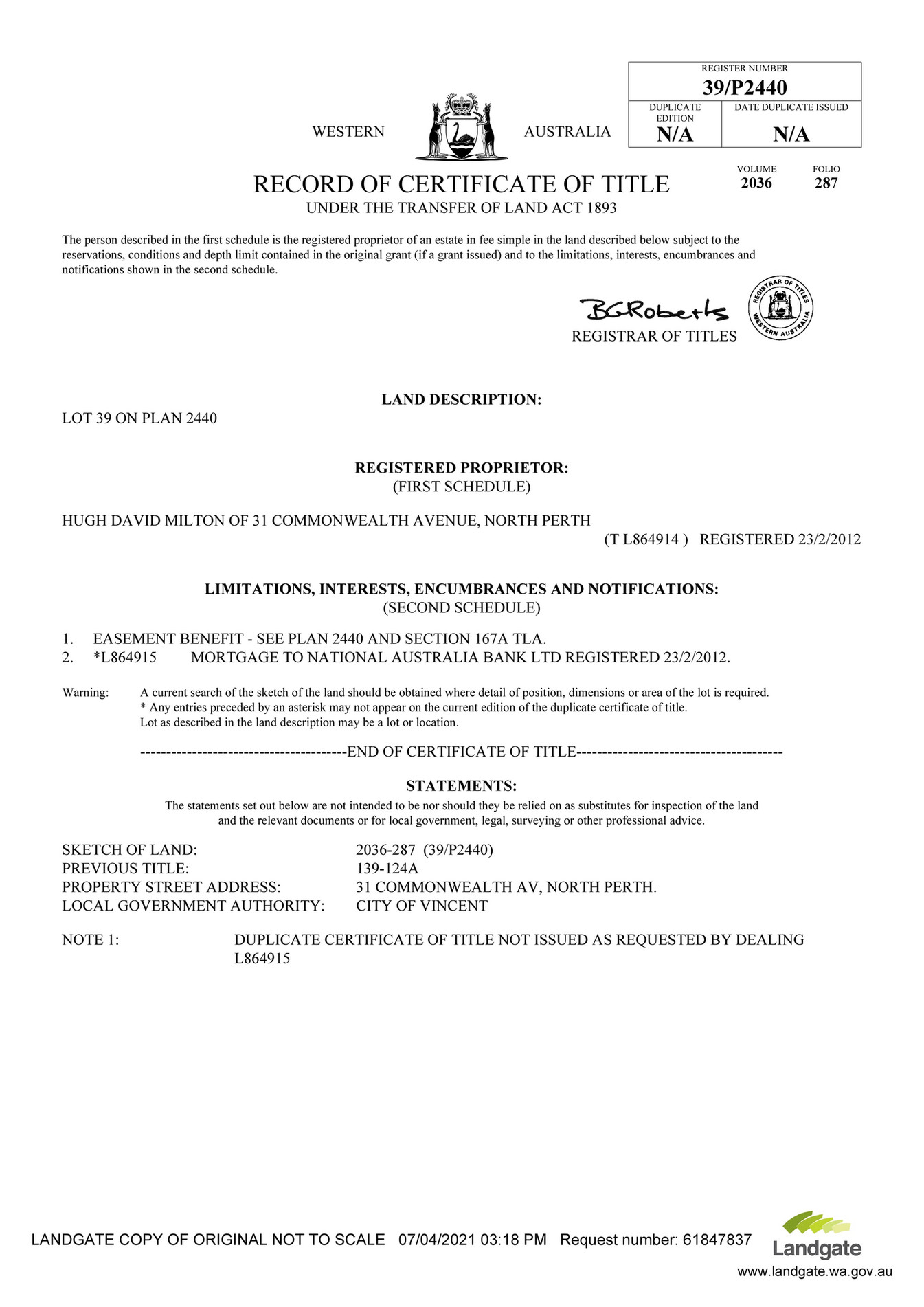 Abel Property - Certificate-of-Title-with-Sketch-2036-287-Certificate ... Abel Property - Certificate-of-Title-with-Sketch-2036-287-Certificate ...