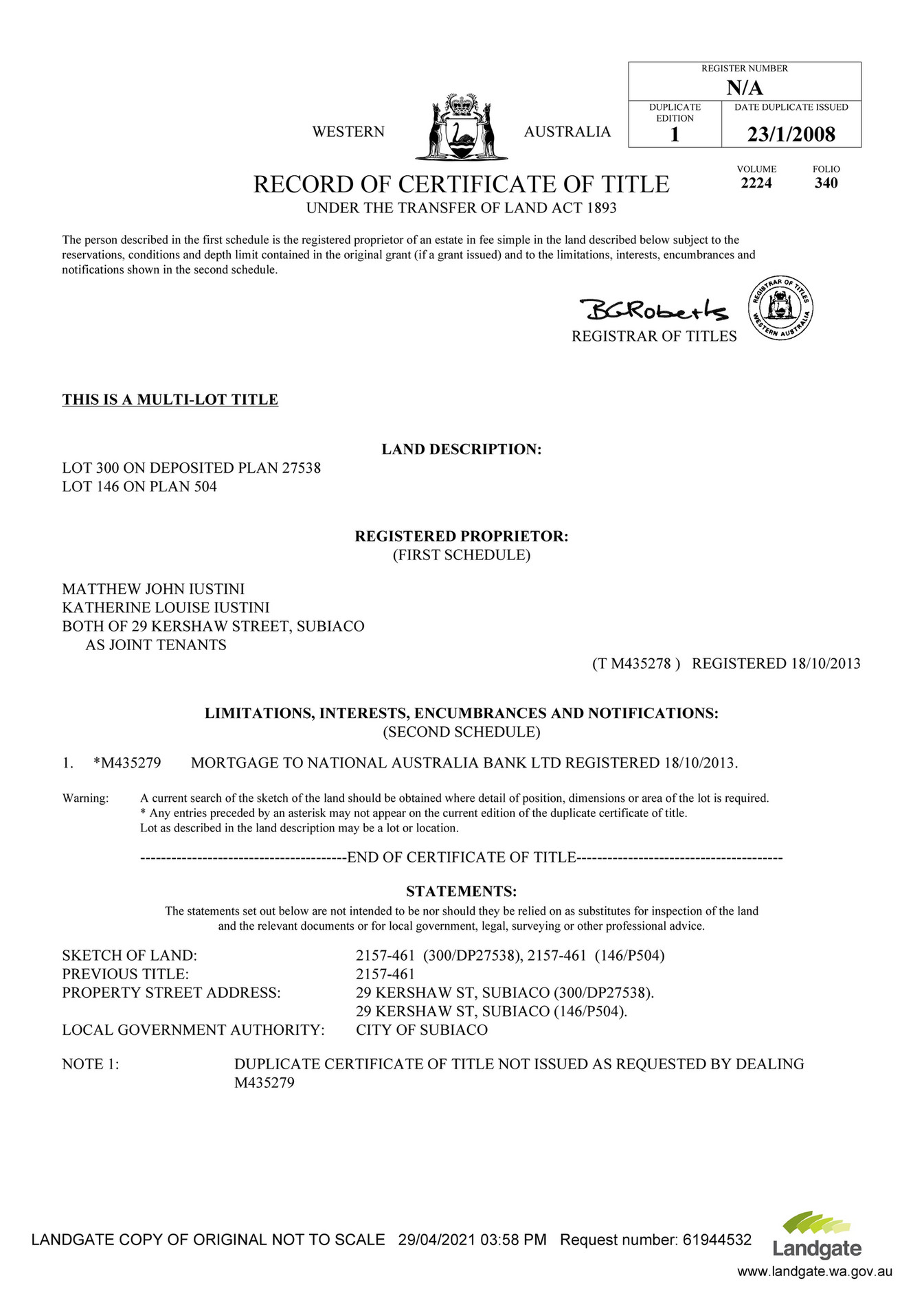 Abel Property - Certificate-of-Title-with-Sketch-2224-340-Certificate ... Abel Property - Certificate-of-Title-with-Sketch-2224-340-Certificate ...
