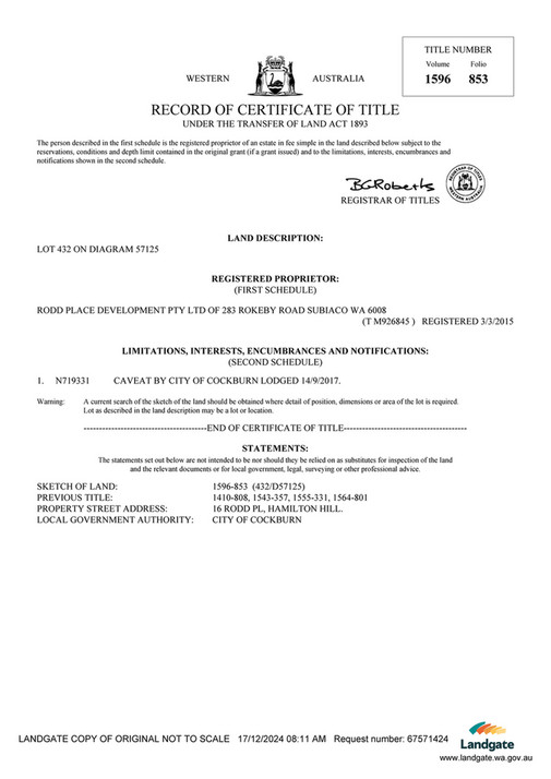 Abel Property - Certificate of Title with Sketch 1596-853 16 Rodd Place ...