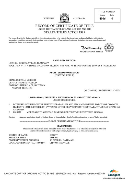 Abel Property - Certificate of Title 4006-4 9B Piper Place, BATEMAN ...