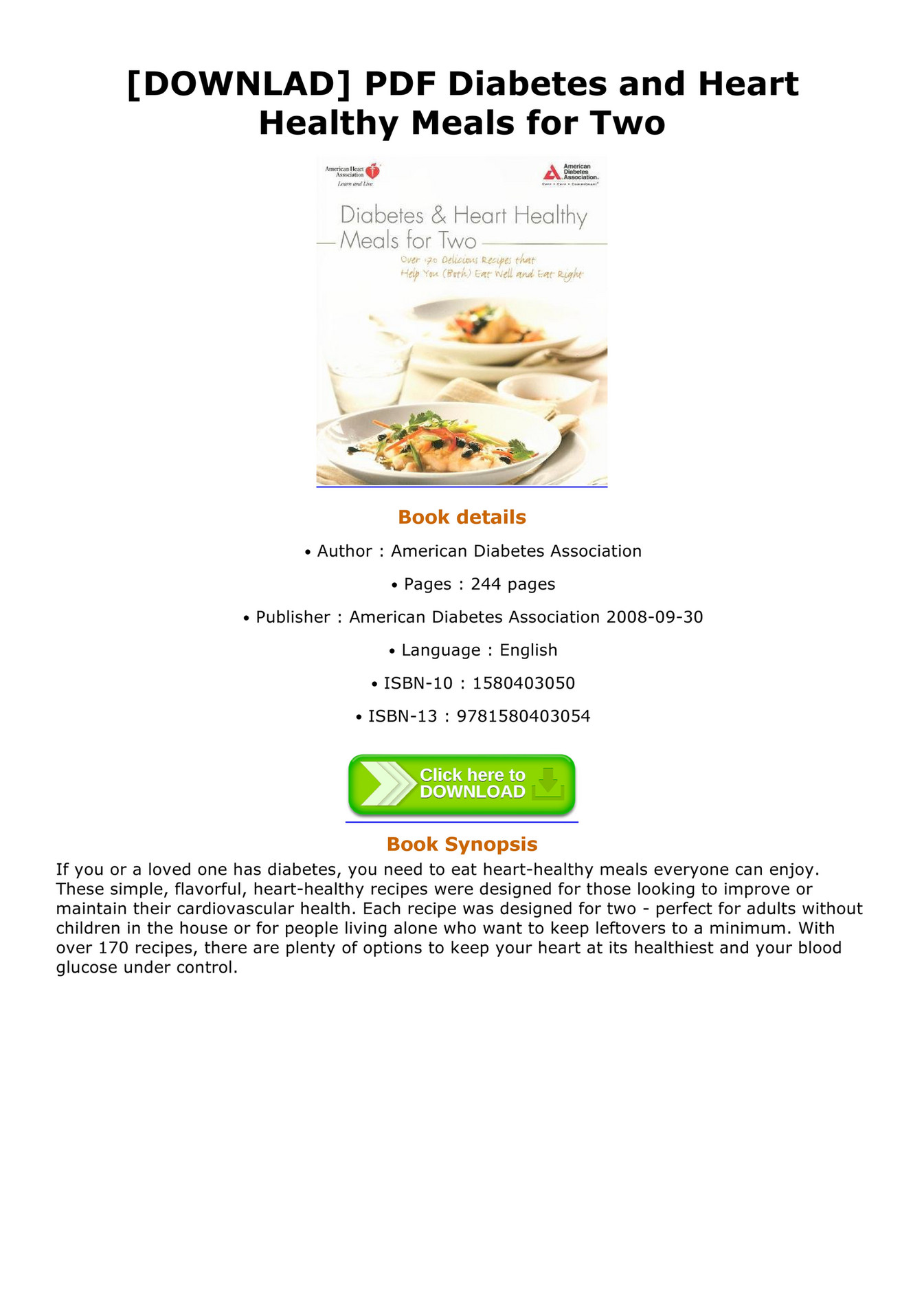 Shelton DOWNLAD PDF Diabetes And Heart Healthy Meals For Two Page 1 