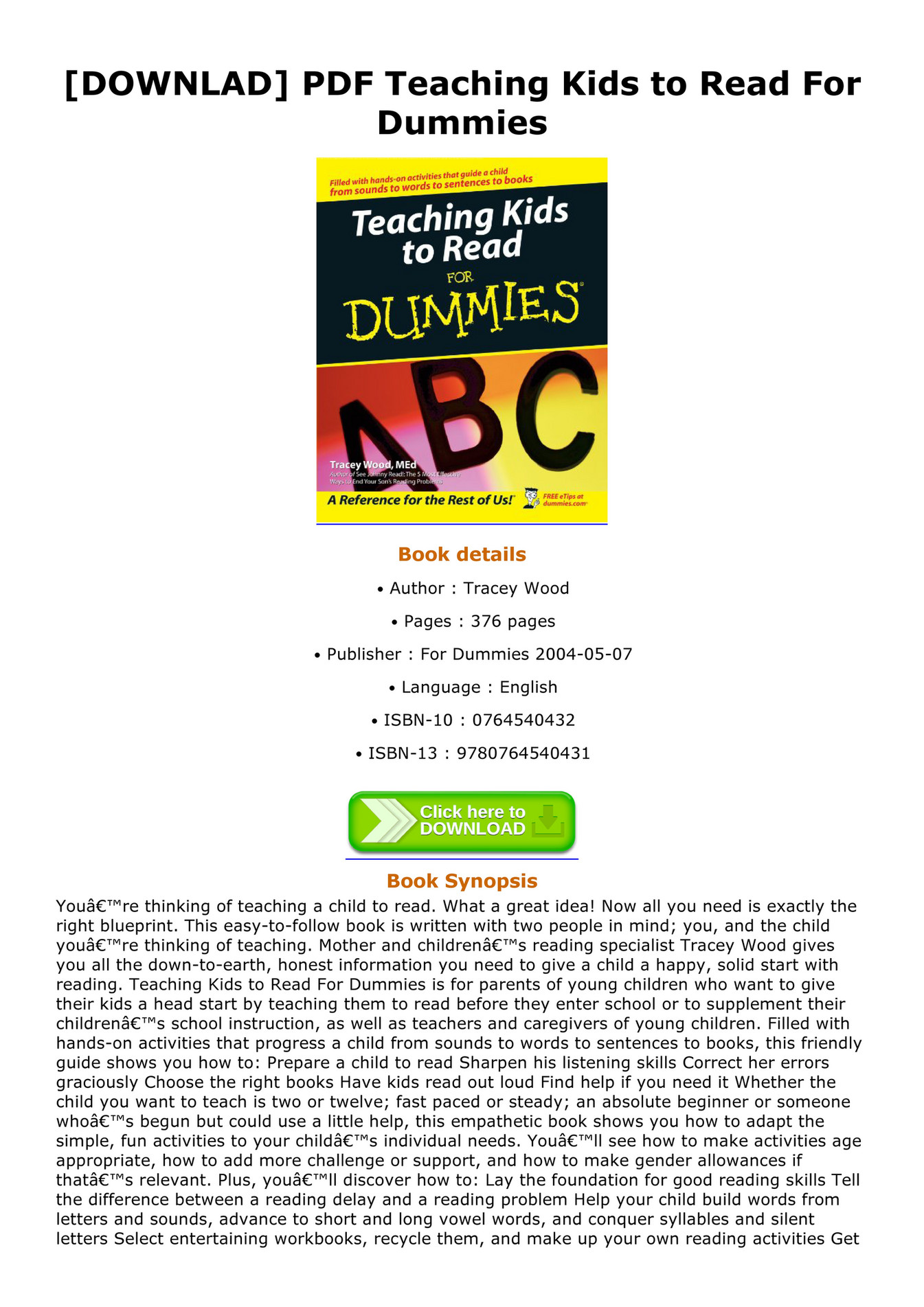 Clayton - DOWNLAD PDF Teaching Kids to Read For Dummies - Page 1 ...