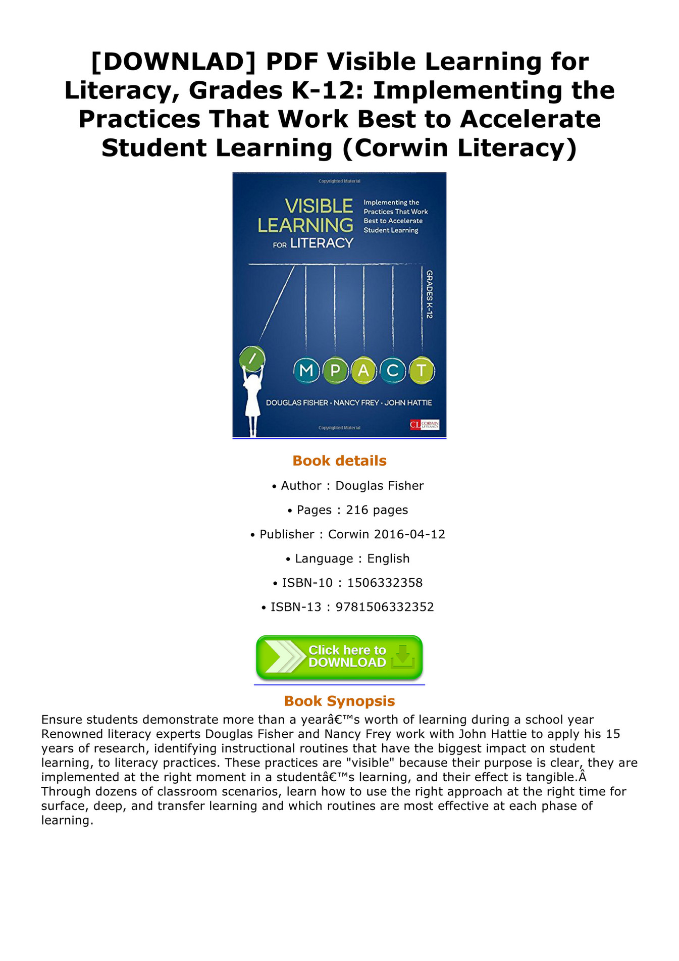 Wesley - DOWNLAD PDF Visible Learning for Literacy Grades K 12 ...