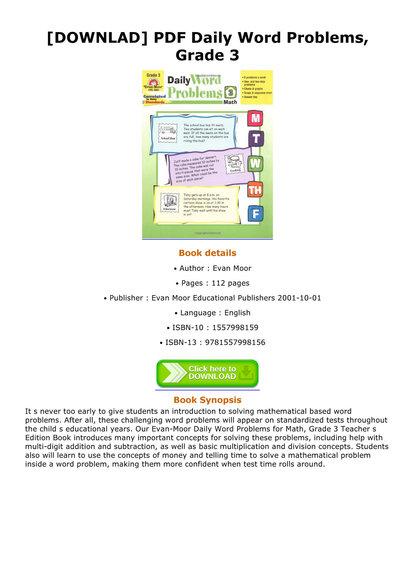 Orlando - DOWNLAD PDF Daily Word Problems Grade 3 - Page 1 - Created ...