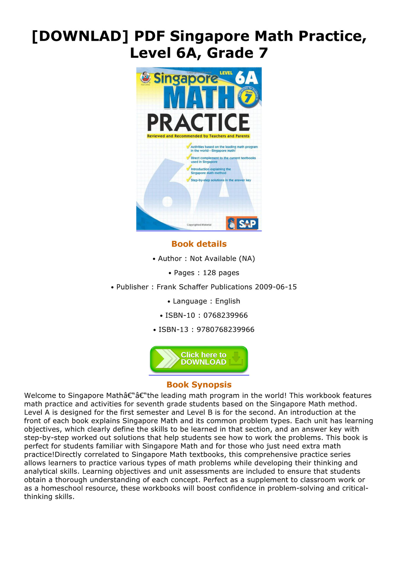 Muntz DOWNLAD PDF Singapore Math Practice Level 6A Grade 7 Page 1 Muntz DOWNLAD PDF Singapore Math Practice Level 6A Grade 7 Page 1
