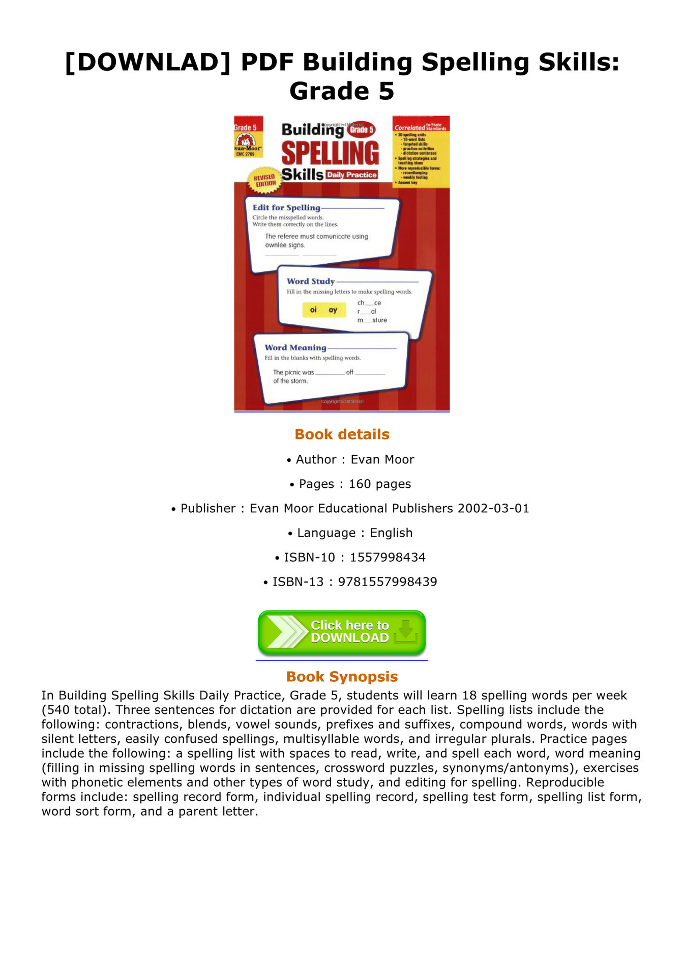 e-Book - DOWNLAD PDF Building Spelling Skills Grade 5 - Page 1 ...