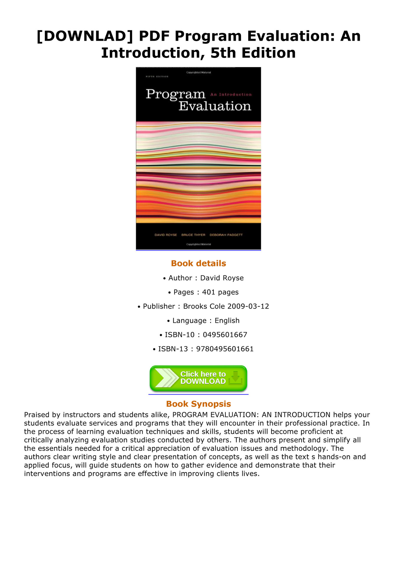 weyant - DOWNLAD PDF Program Evaluation An Introduction 5th Edition ...
