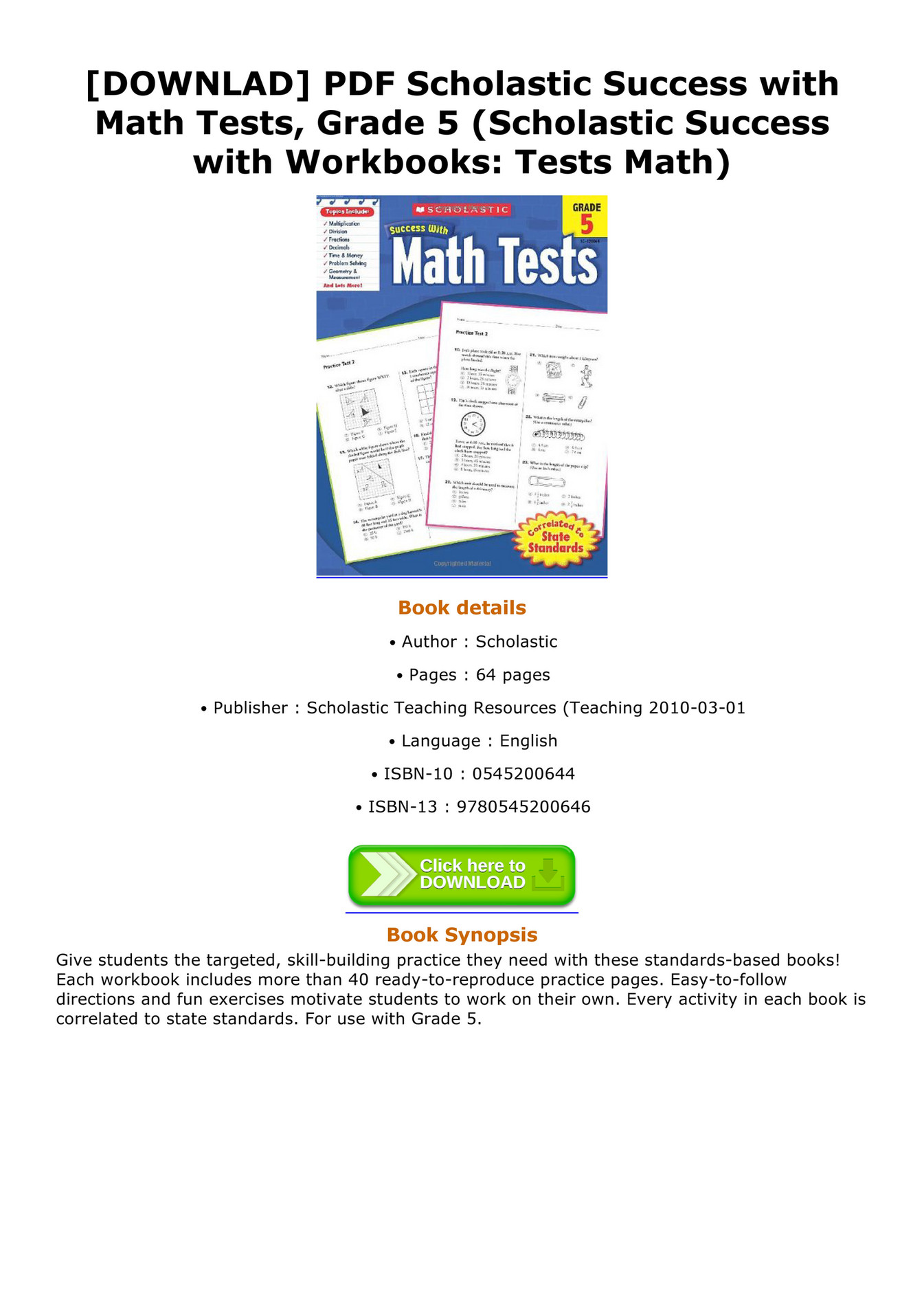 Allen Downlad Pdf Scholastic Success With Math Tests Grade 5