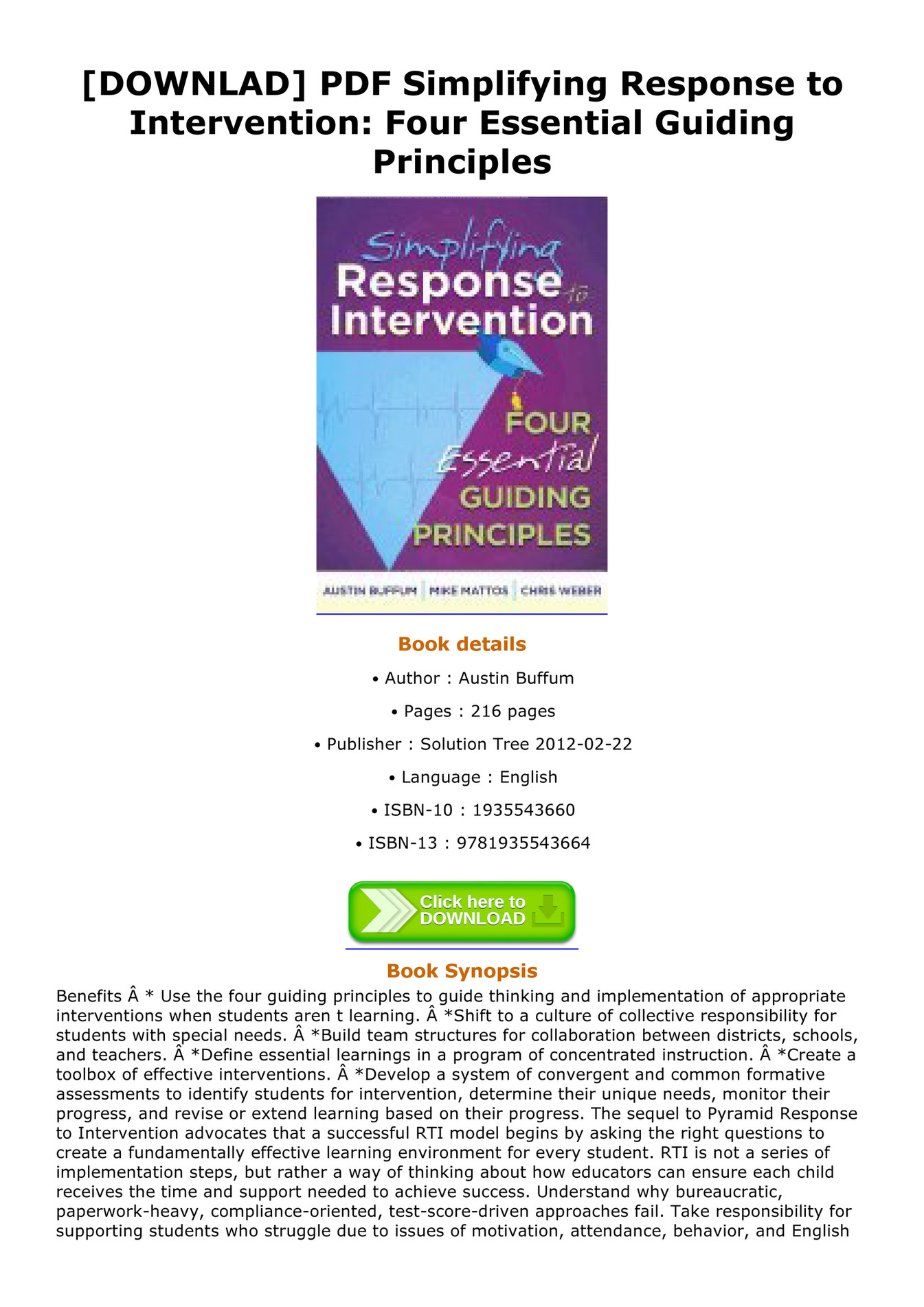 Allen Downlad Pdf Simplifying Response To Intervention Four Essential Guiding Principles